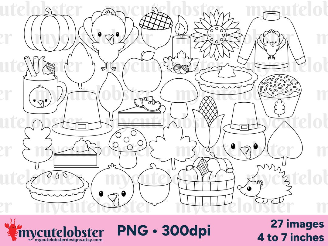 Thanksgiving Digital Stamps - Cute Thanksgiving Outlines, Turkey, Fall ...
