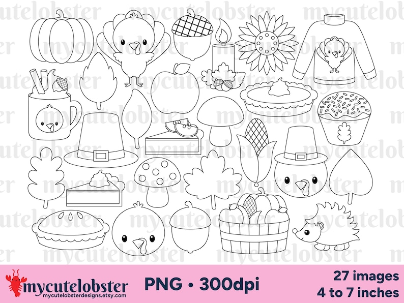 Thanksgiving Digital Stamps - Cute Thanksgiving Outlines, Turkey, Fall ...