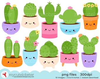 Kawaii Cactus Clipart Set, Cactus Illustration Set, Cute Succulent ...