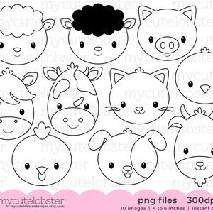 Farm Animal Faces Digital Stamps Outlines, Farmyard Line Art, Cute ...