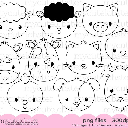 Farm Animal Faces Digital Stamps Outlines Farmyard Line - Etsy