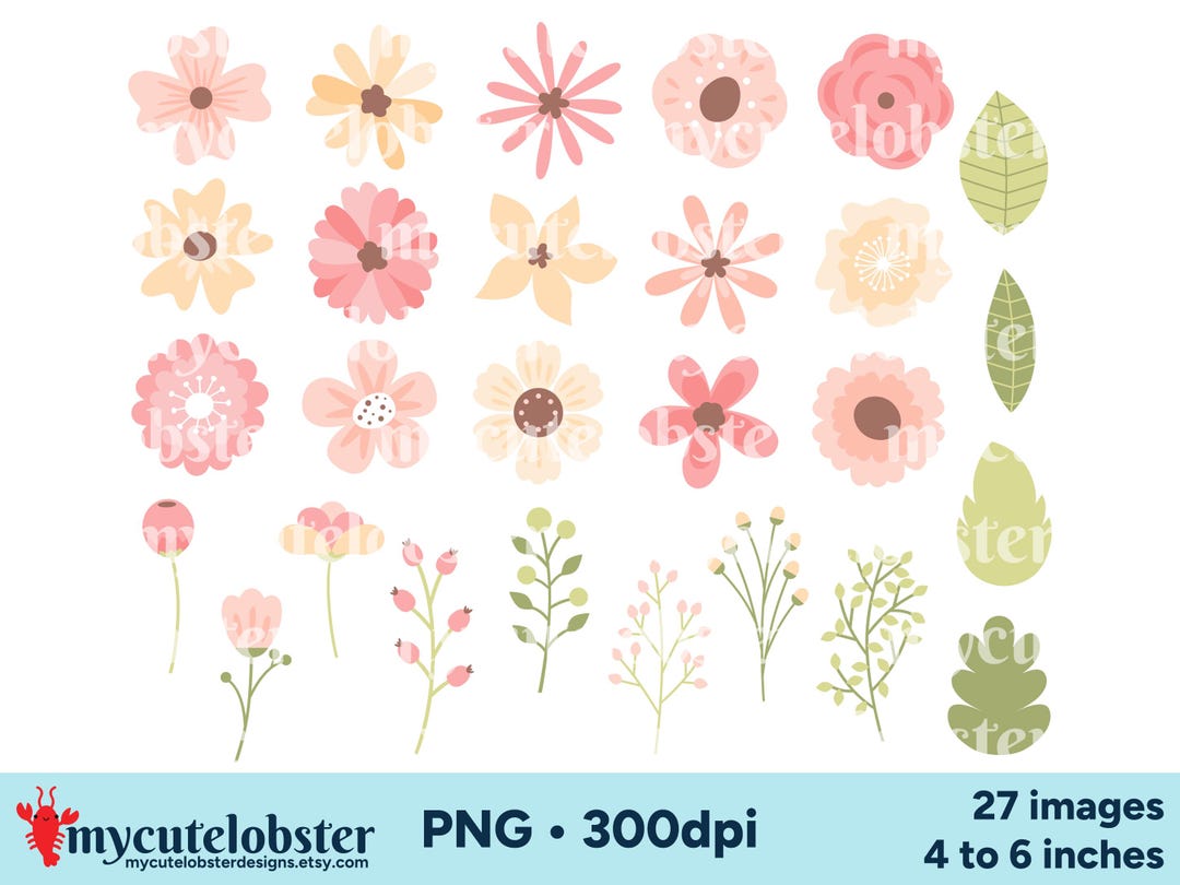 Flowers Clipart - Set of Flower Buds, Leaves, Floral Clip Art Set, Pink ...