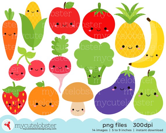 Cute Fruit & Vegetables Clipart Set of Strawberry Carrot | Etsy