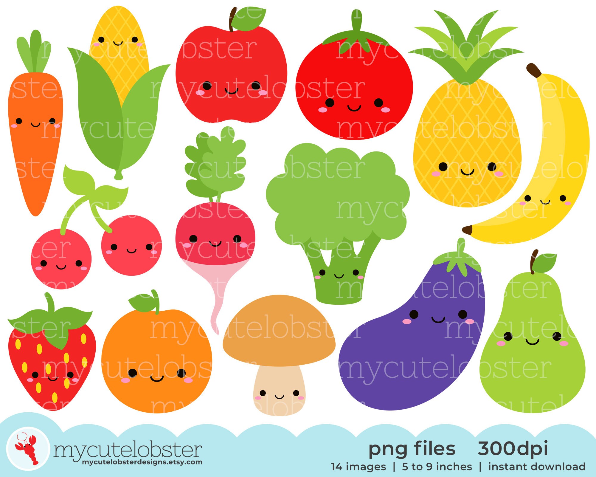 Cute Fruit & Vegetables Clipart Set of Strawberry Carrot - Etsy UK