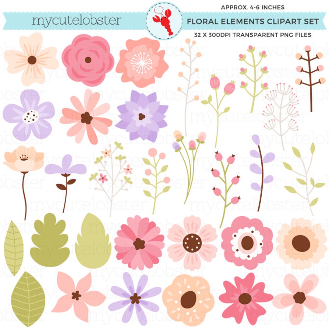 Pastel Floral Clipart Set Flowers, Leaves, Buds, Clip Art Set, Flower ...