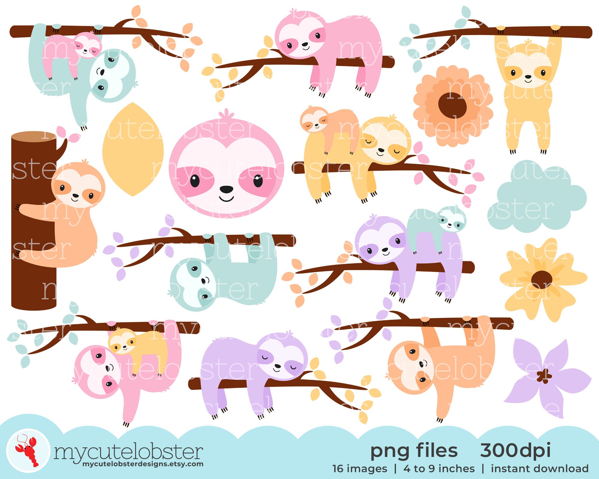 Pastel Sloth Clipart Set of Cute Sloths Pastel Sloths Baby - Etsy