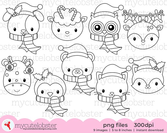 Christmas Animal Faces Digital Stamps Animals Outlines | Etsy