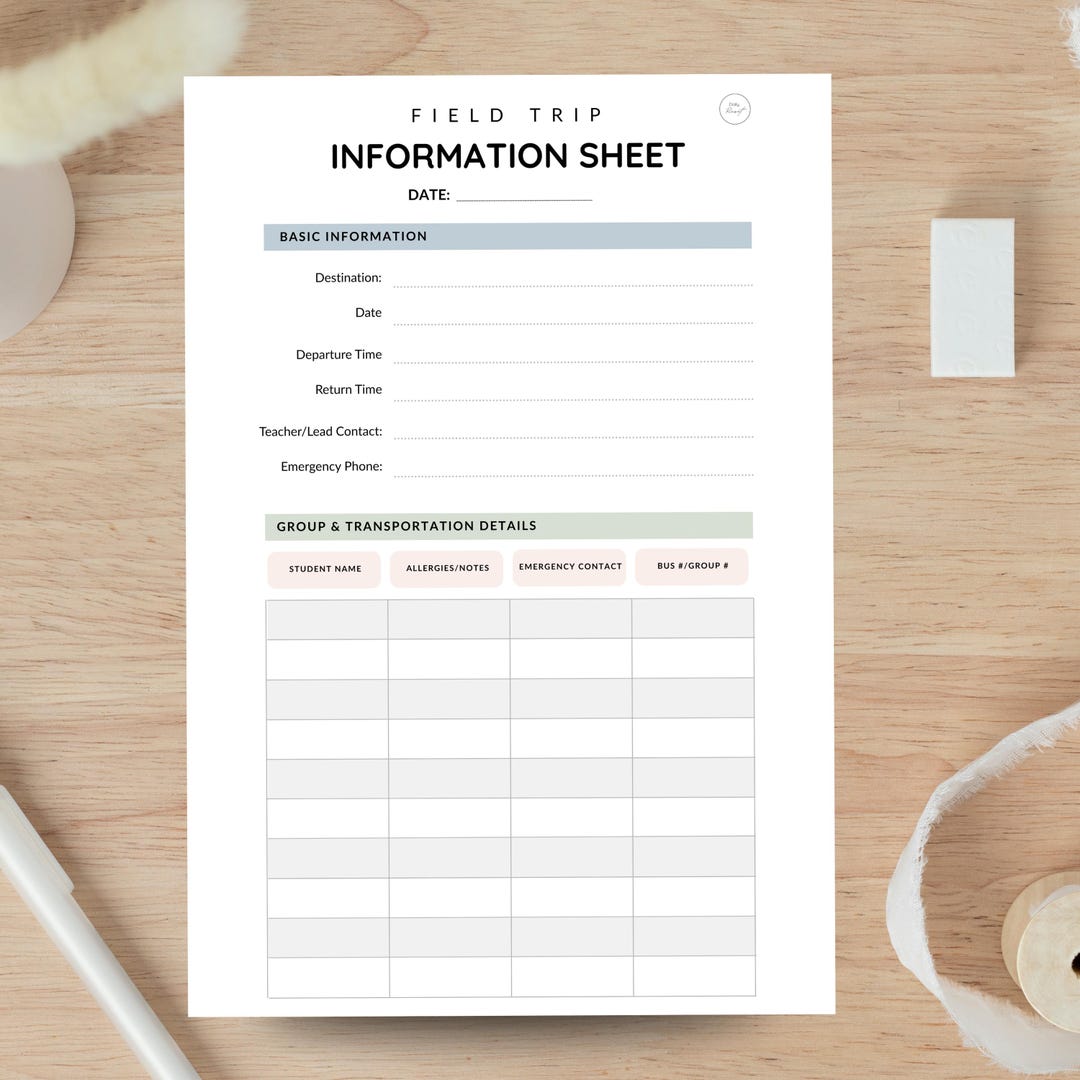 Field Trip Chaperone Information Sheet Printable | Group List, Bus ...