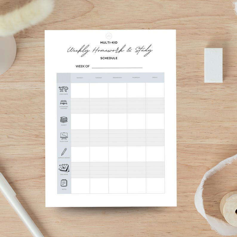 Multi-kid Homework Schedule Printable | Weekly Study Planner for Kids ...