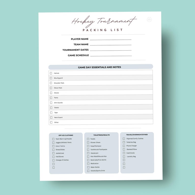 Hockey Tournament Packing List Printable | 2-page Hockey Bag Checklist ...