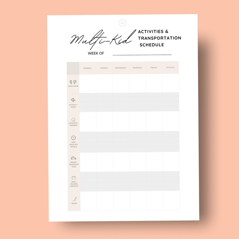 Multi-kid Weekly Activities & Transportation Schedule | Pickup and Drop ...