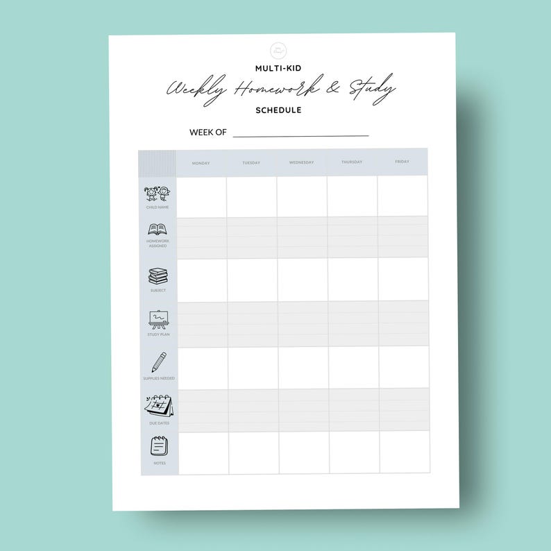 Multi-kid Homework Schedule Printable | Weekly Study Planner for Kids ...