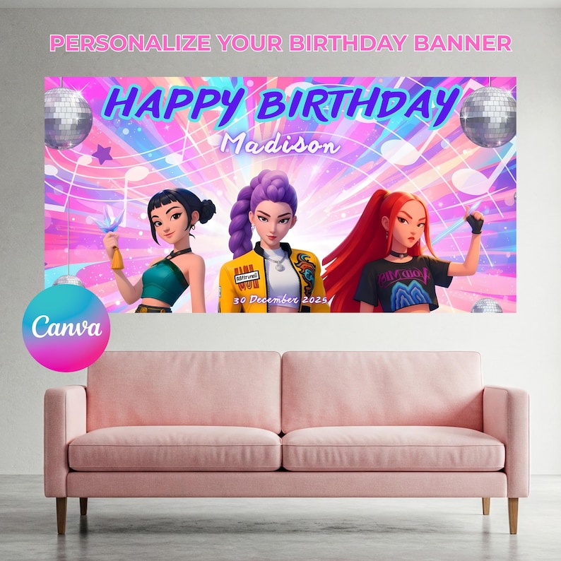 Kpop Demon Hunter Huntrix Birthday Banner, Editable Canva Kpop Anime ...