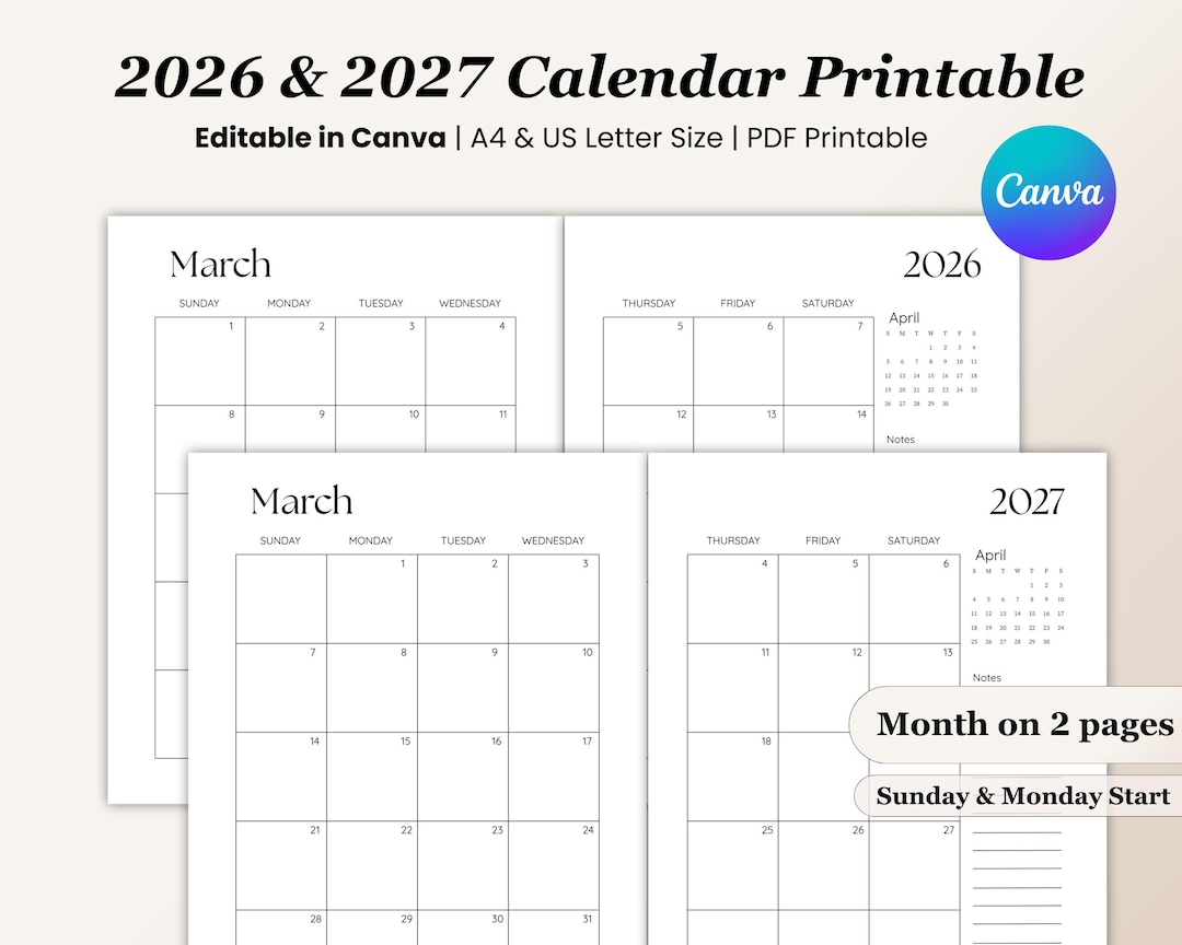 Canva Editable Calendar Priintable 2026 2027 Instant Download Editable ...