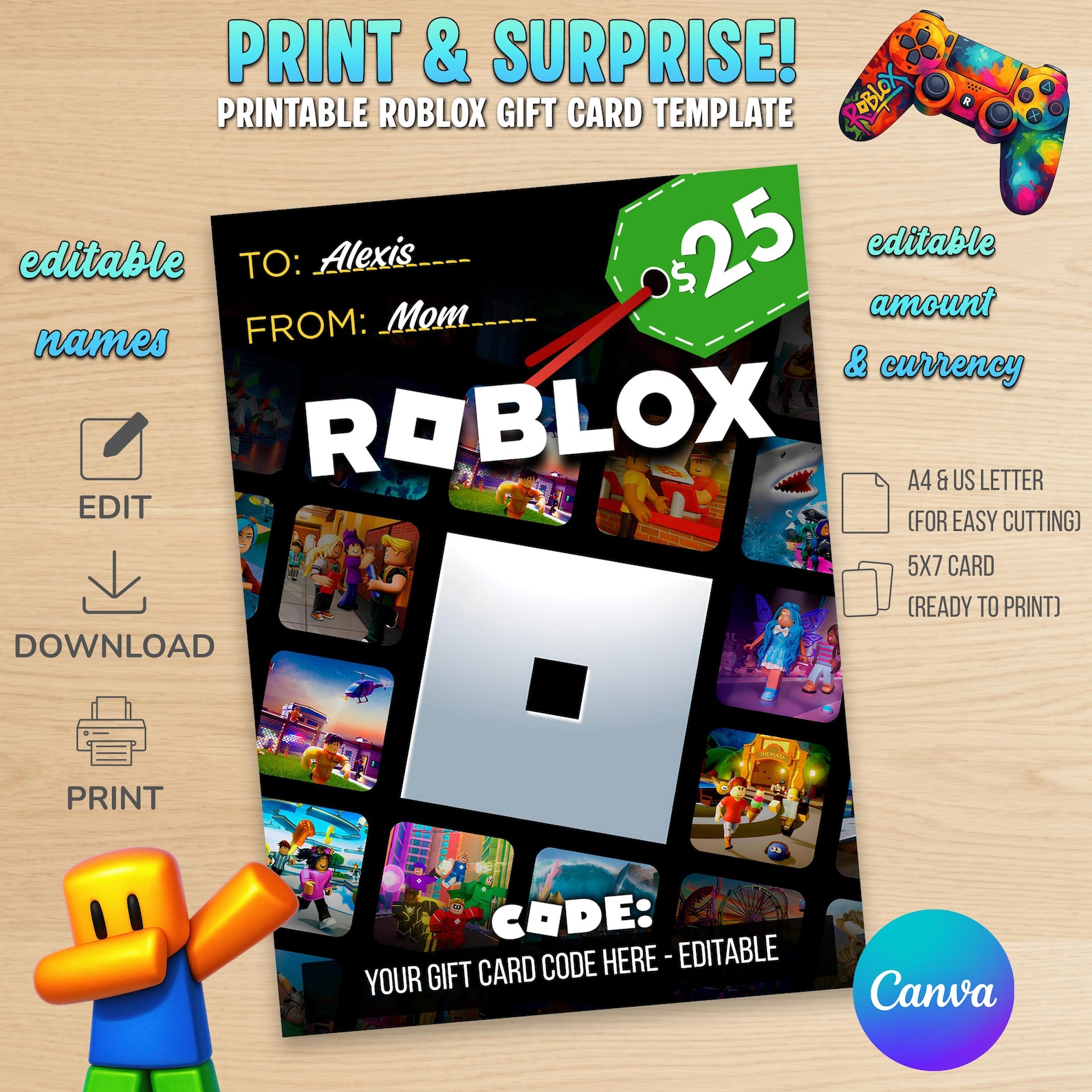 Roblox Printable Gift Card Template • Editable Canva Gaming Gift ...
