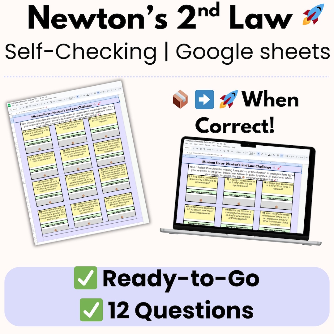Newton's 2nd Law Activity: Force, Mass, Acceleration (self-checking ...