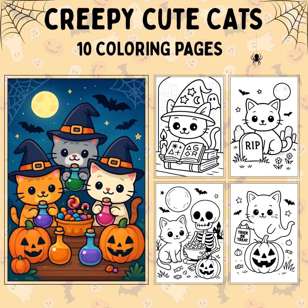 Creepy Cute Cats Coloring Pages, Halloween Coloring Book, Cat Coloring ...