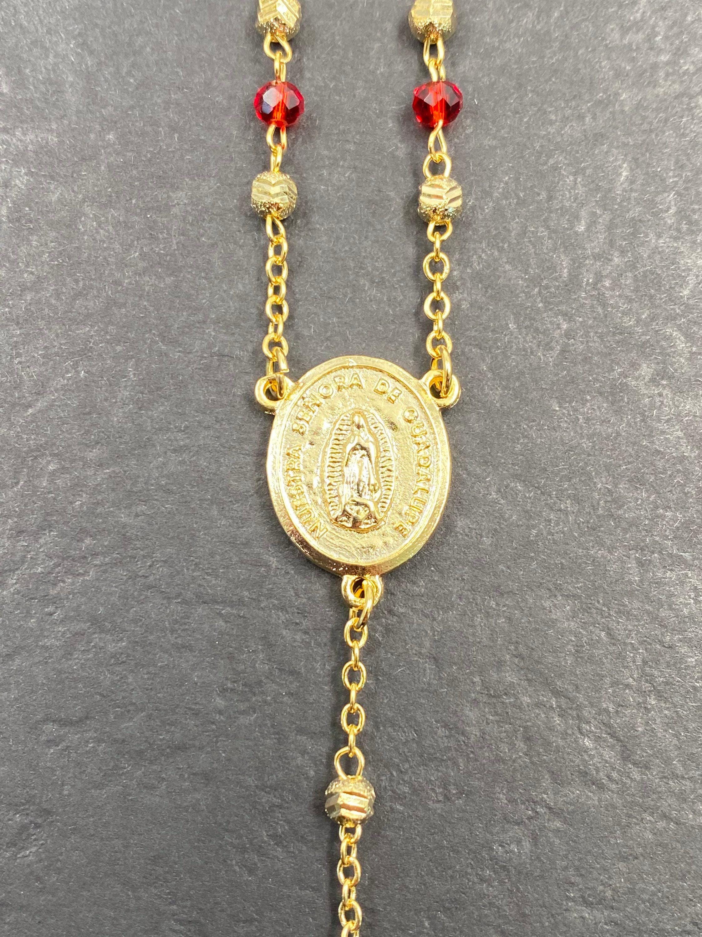 Gold Colorful Jewel Virgin Mary Rosary Snap Lock Necklace 15" Long ...