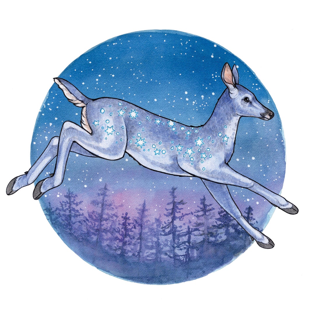 Starry Deer - Watercolor Fawn and Forest Artwork - 8x8 " Archival Print ...
