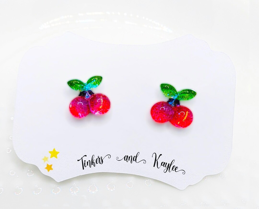 Red Cherry Earrings, Mini Cherry Studs, a Fun Shimmering Gift for Her ...