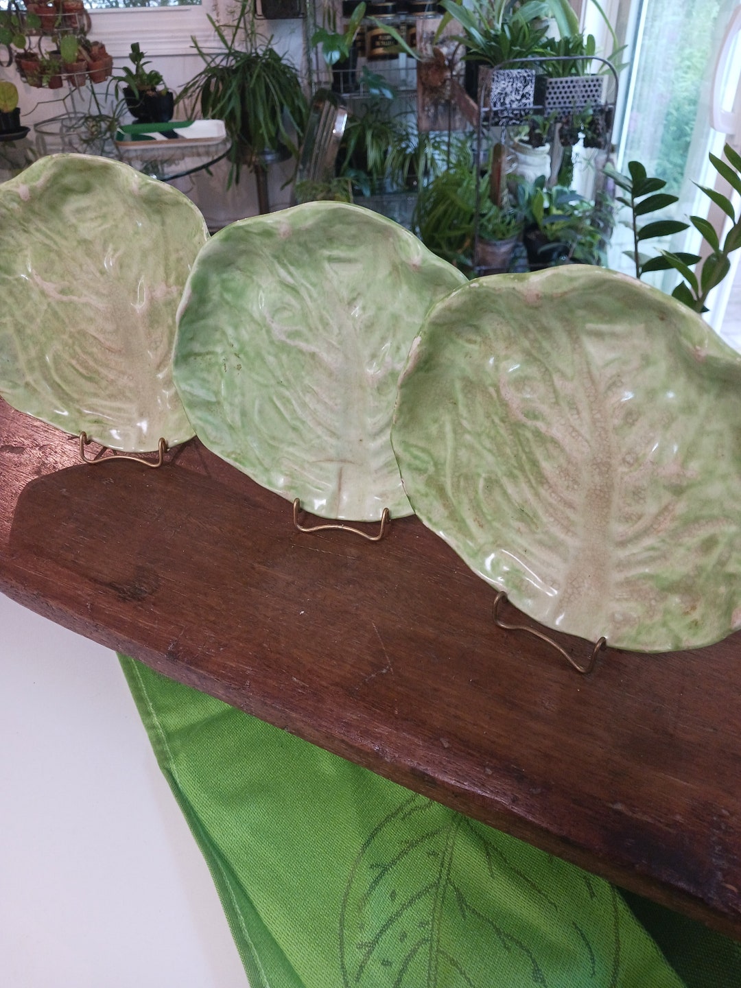 3 Antique Majolica Plates, Wannopee Lettuce Plates, Lettuce Leaf Trade ...