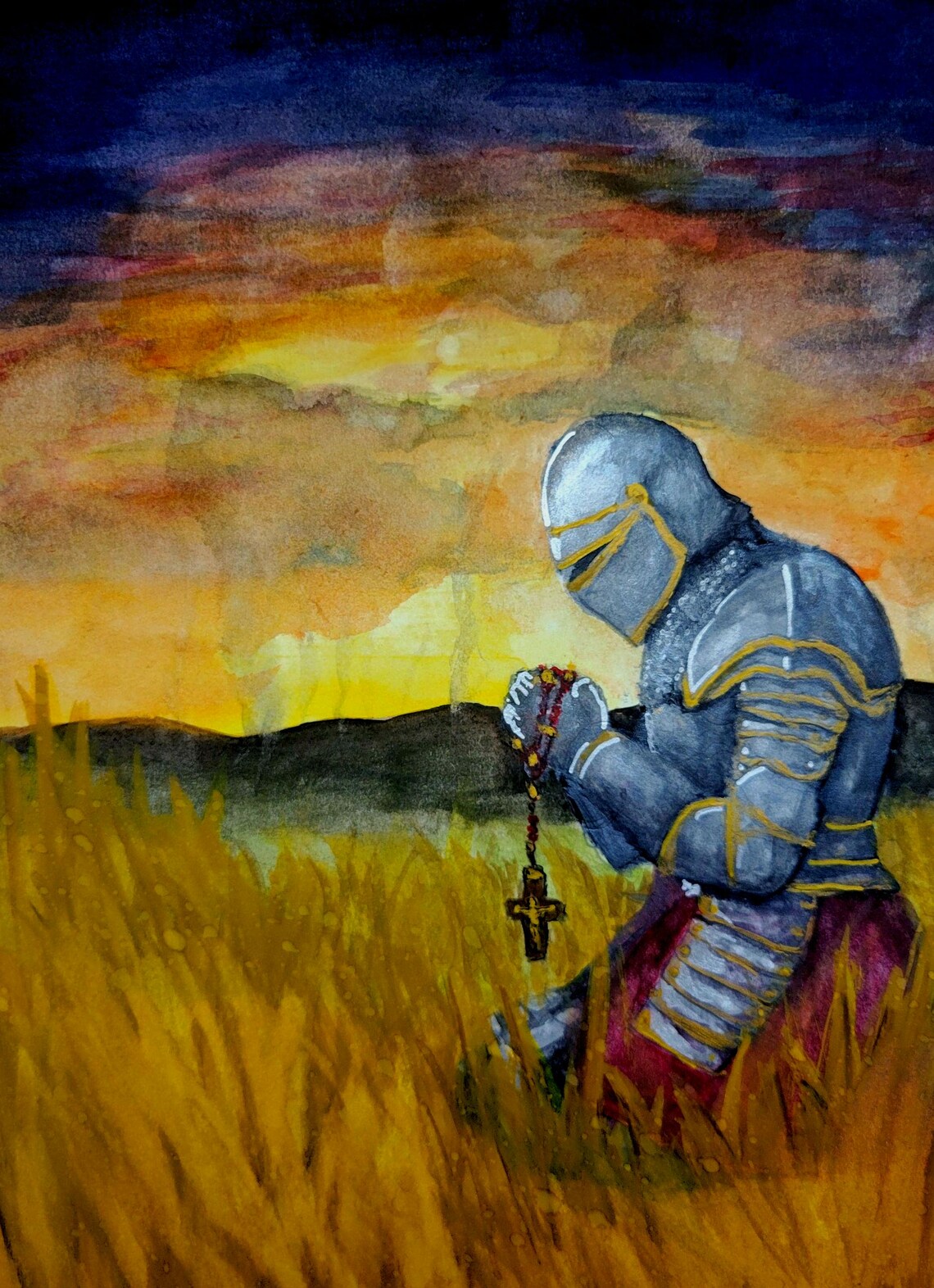 Catholic Art Print Knight Praying the Rosary Watercolor - Etsy