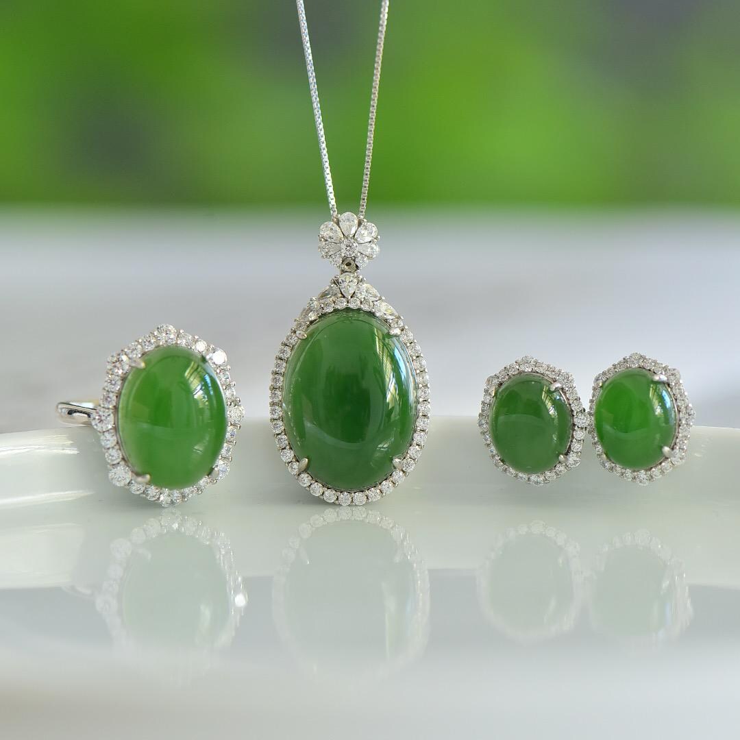 Natural Deep Emerald Green Nephrite Jade Jewelry Sets Silver|vintage ...
