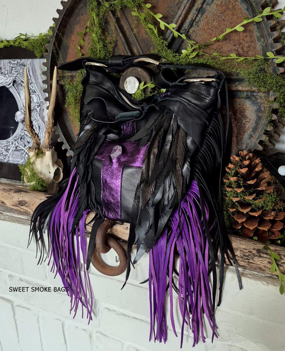 Black Wings Purple Metallic Cross Bag Leather Goth Fringed Hobo Bag ...
