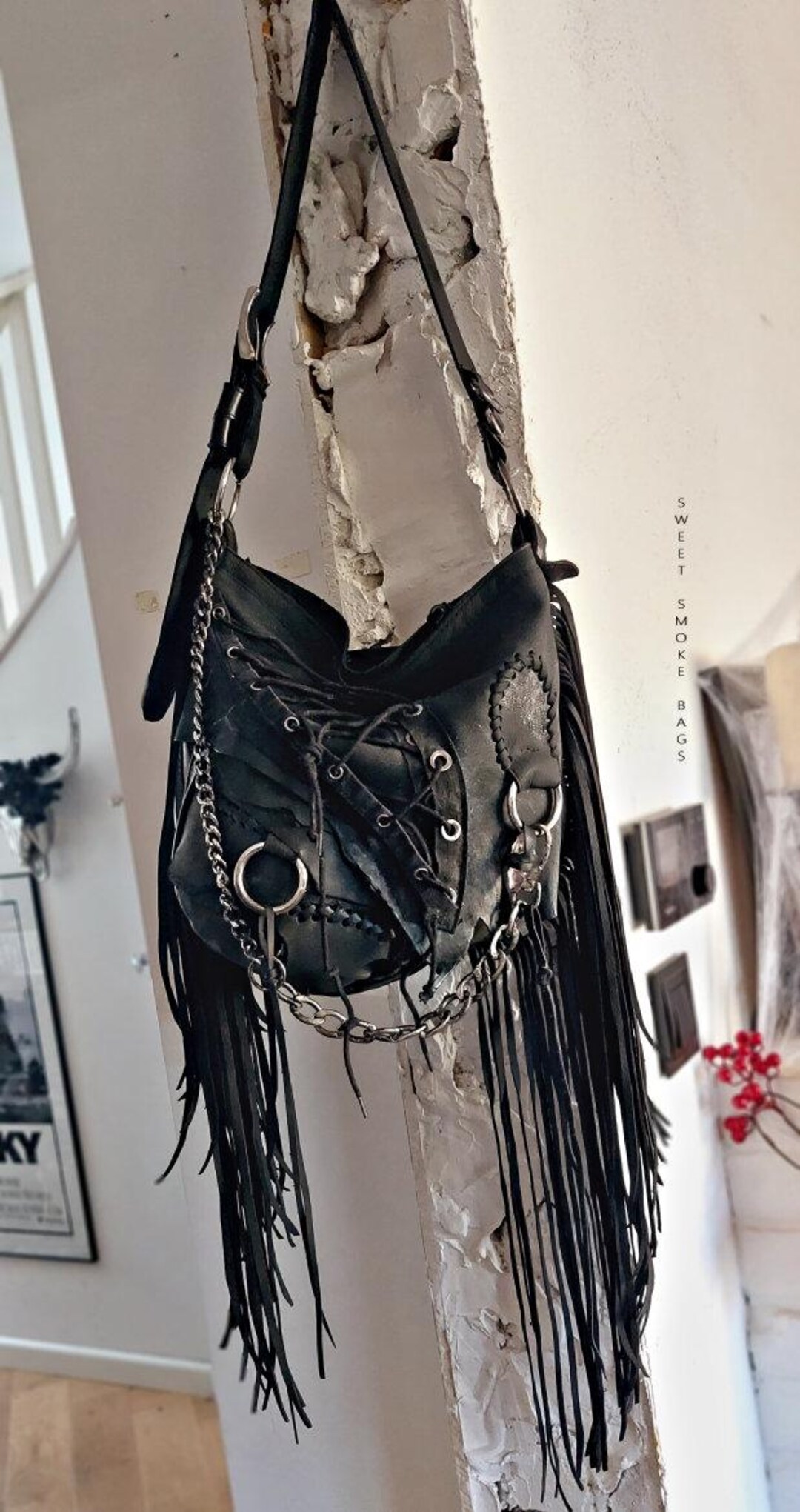 Black Leather Crossbody Hobo Bag Fringe Goth Designer Gothic Purse ...