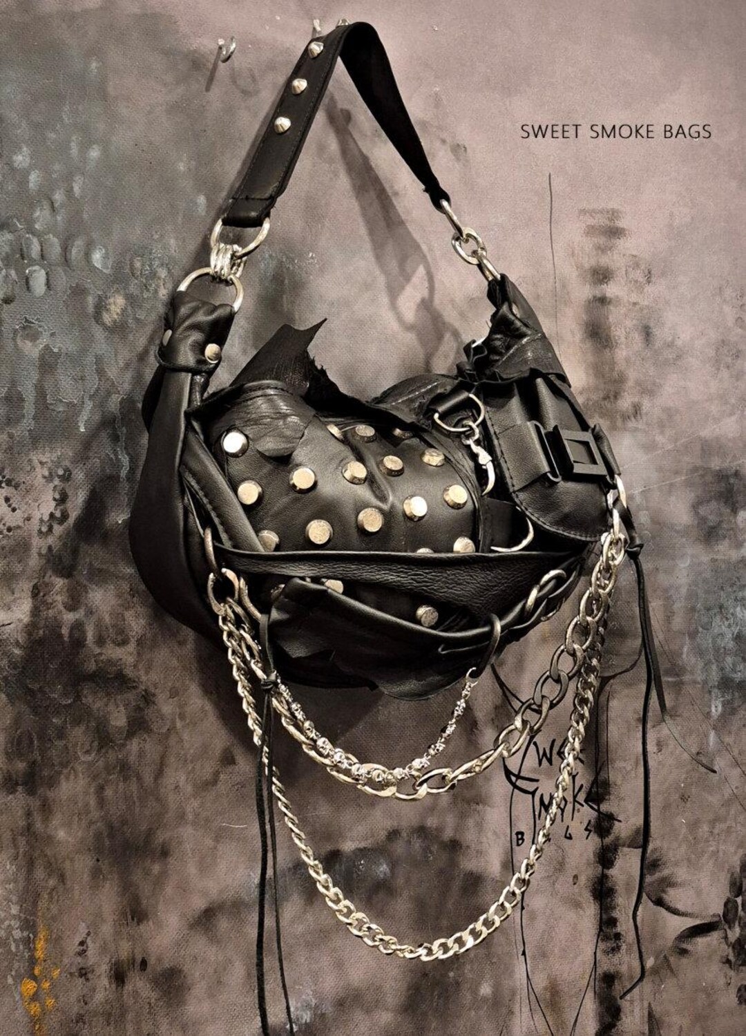 Black Leather Chains Bag Goth Designer Purse Sweet Smoke Bags Metalhead ...