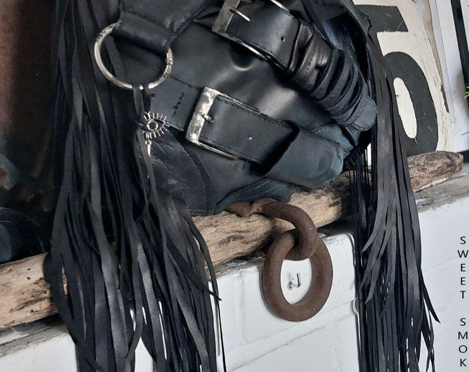 Black Leather Fringe Fringed Feathers Goth Gothic Purse Leather Bag ...