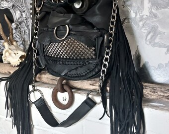 Silver Black Leather Purse Studded Black Dark Romantic Hobo Bag Fringe ...