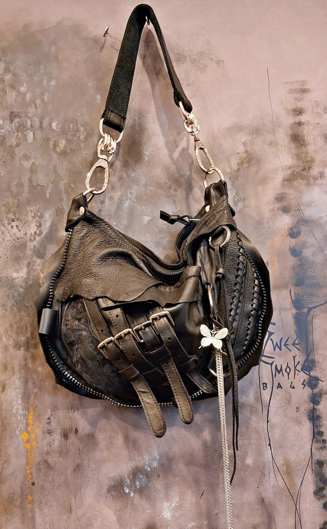 Black Leather Strappy Bag Fringe Goth Designer Purse Sweet Smoke Bags ...