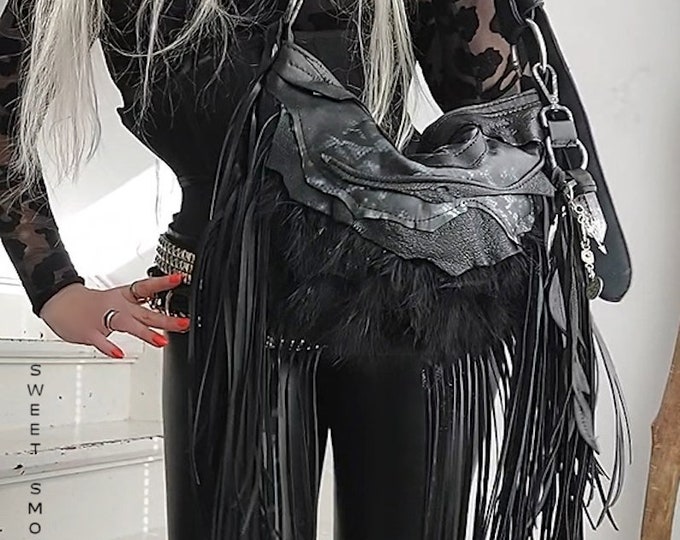 Black Leather Fringe Fringed Feathers Goth Gothic Purse Leather Bag ...
