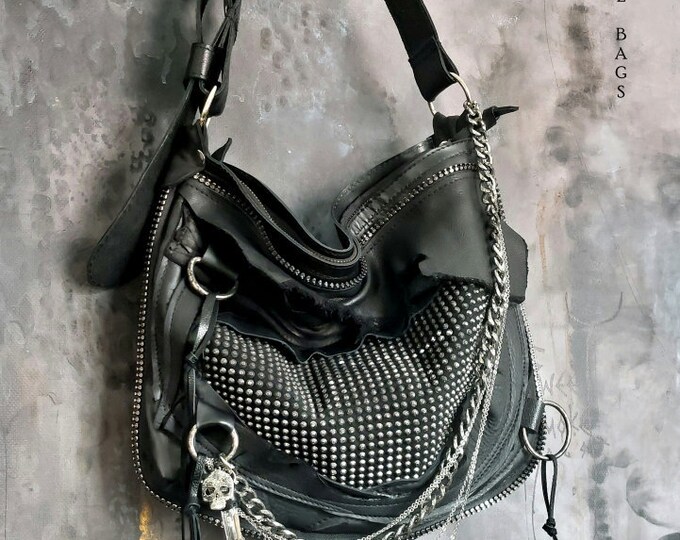 Silver Black Leather Purse Studded Black Dark Romantic Hobo Bag Fringe ...
