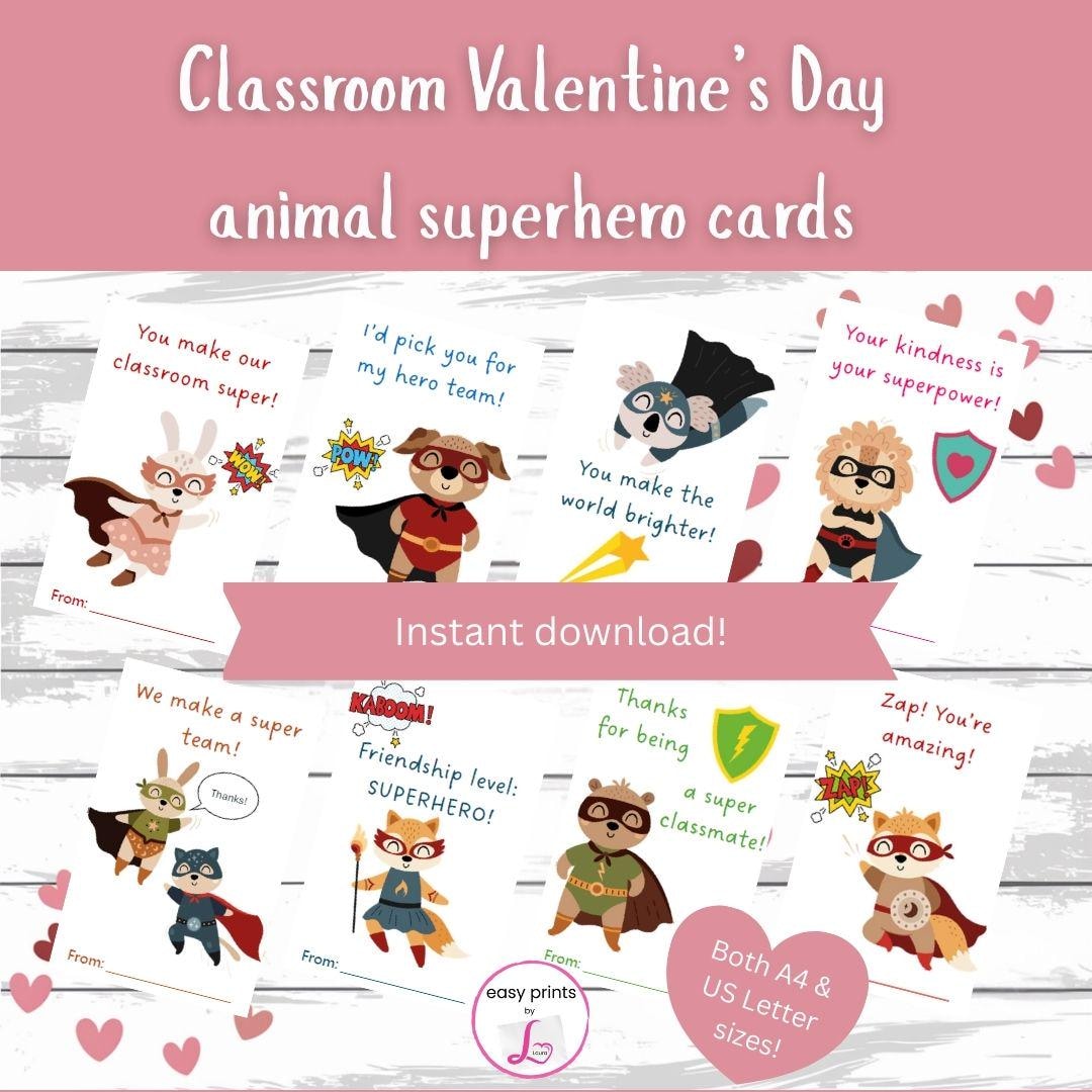 Classroom Valentine's Card Printable - Animal Superheroes - Kids ...