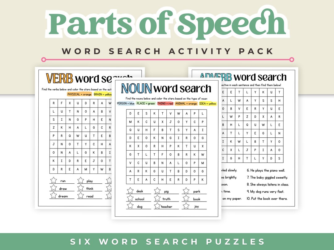 Parts of Speech Word Search Activity Pack | Nouns Verbs Adjectives ...