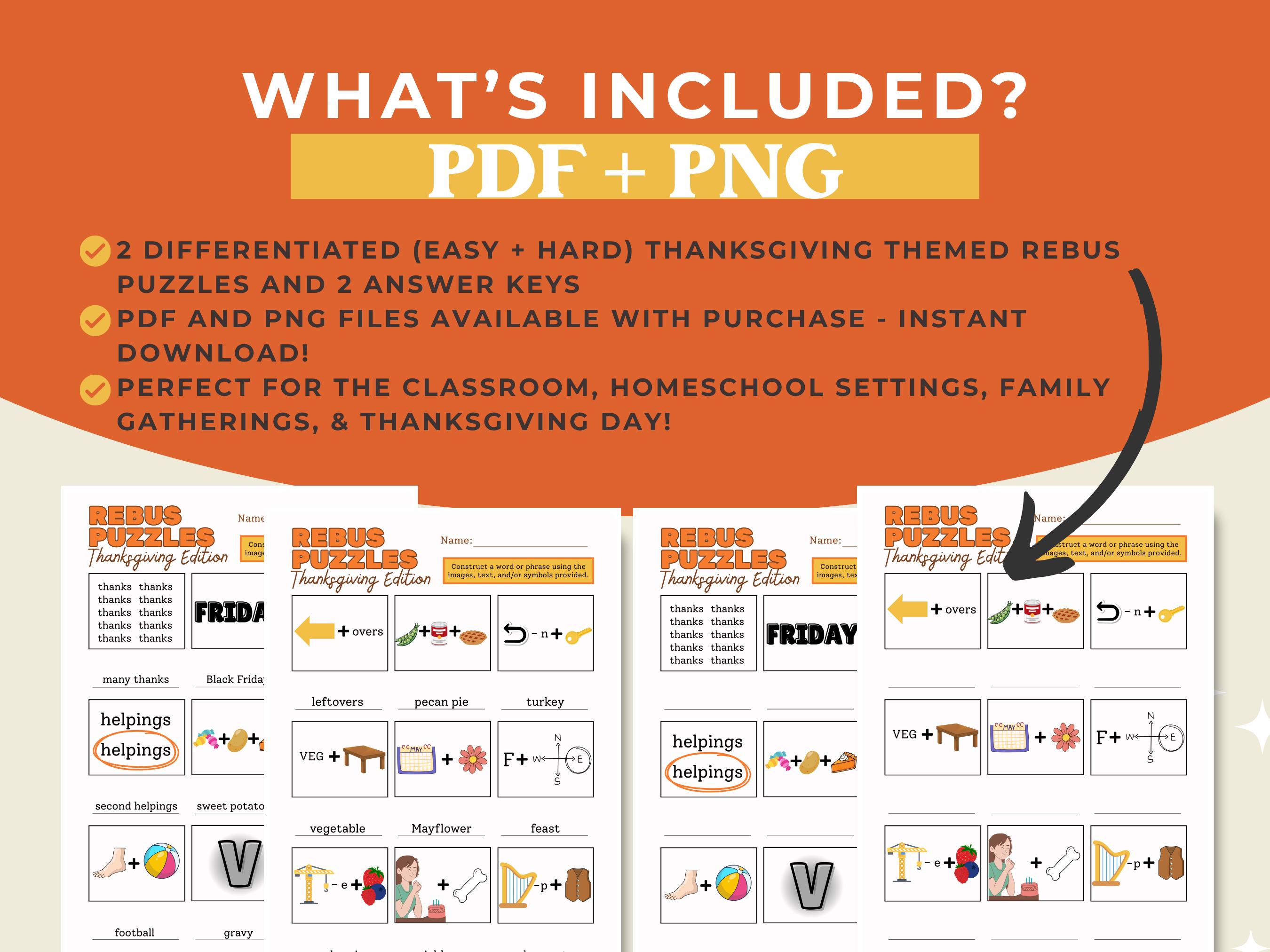 Thanksgiving Rebus Puzzles, Kids Printable Game, Differentiated ...