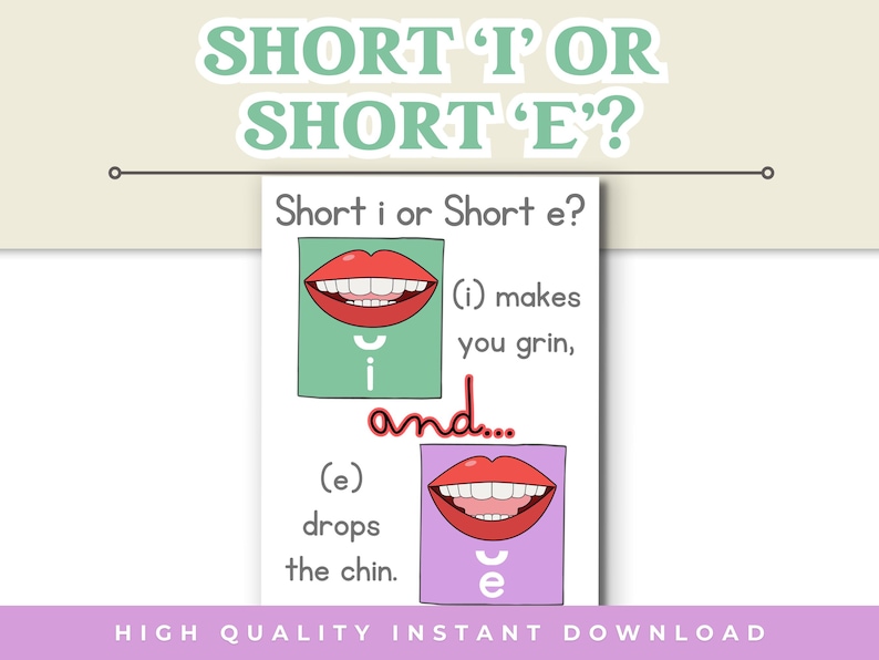 Short I Vs Short E Vowel Poster | Mouth Articulation Cues, Phonics ...