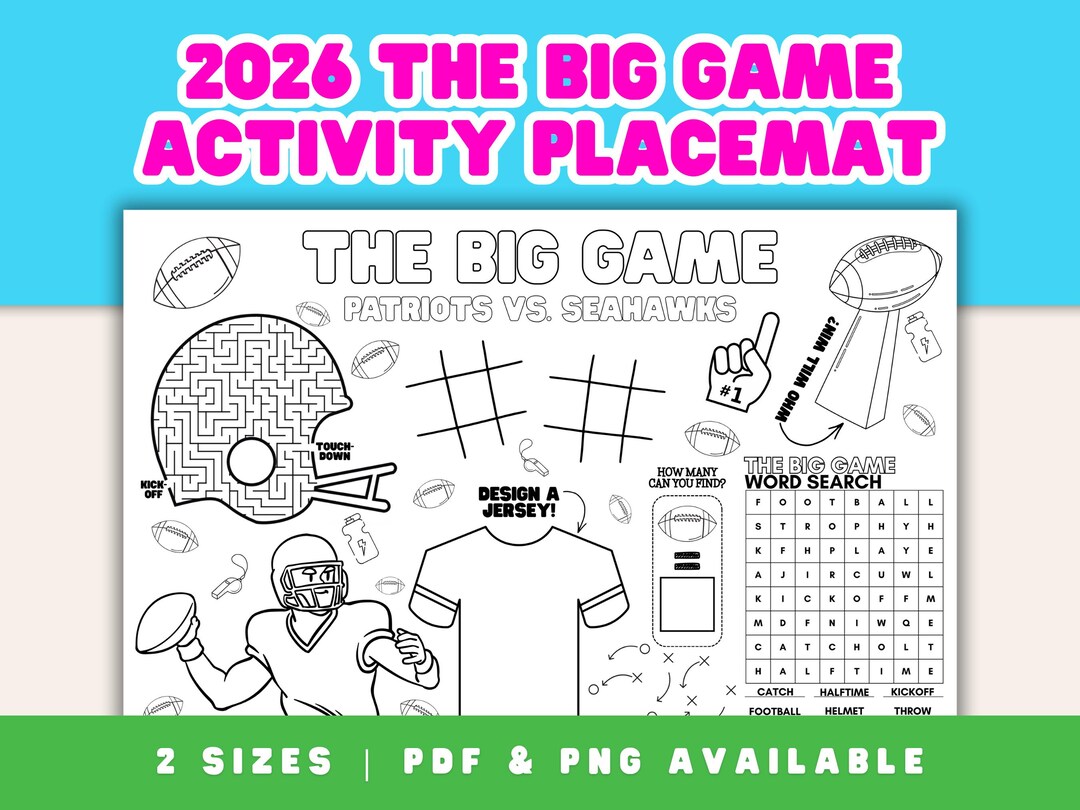 2026 the Big Game Activity Placemat Printable | Football Kids Game Day ...