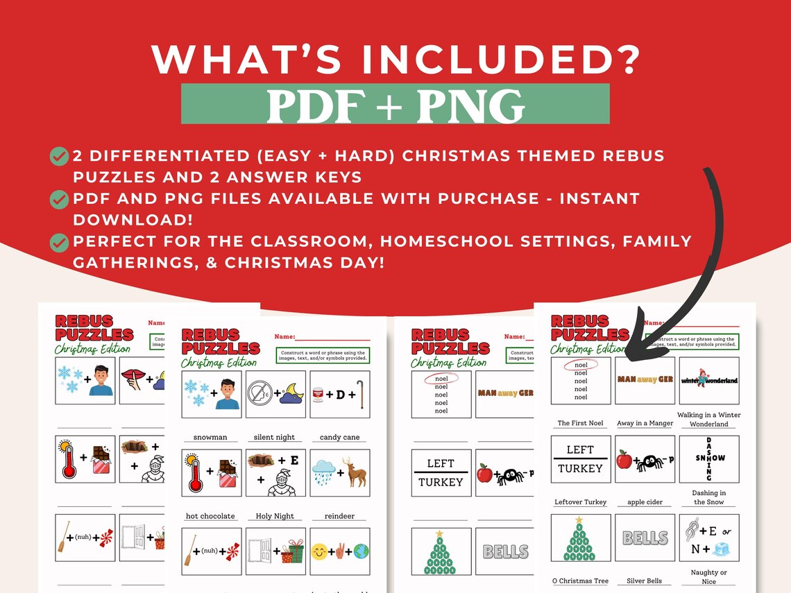 Christmas Rebus Puzzles, Kids Printable Game, Differentiated, Classroom ...