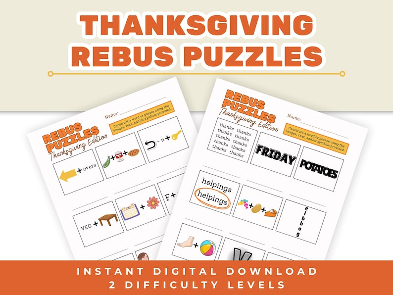 Thanksgiving Rebus Puzzles, Kids Printable Game, Differentiated ...