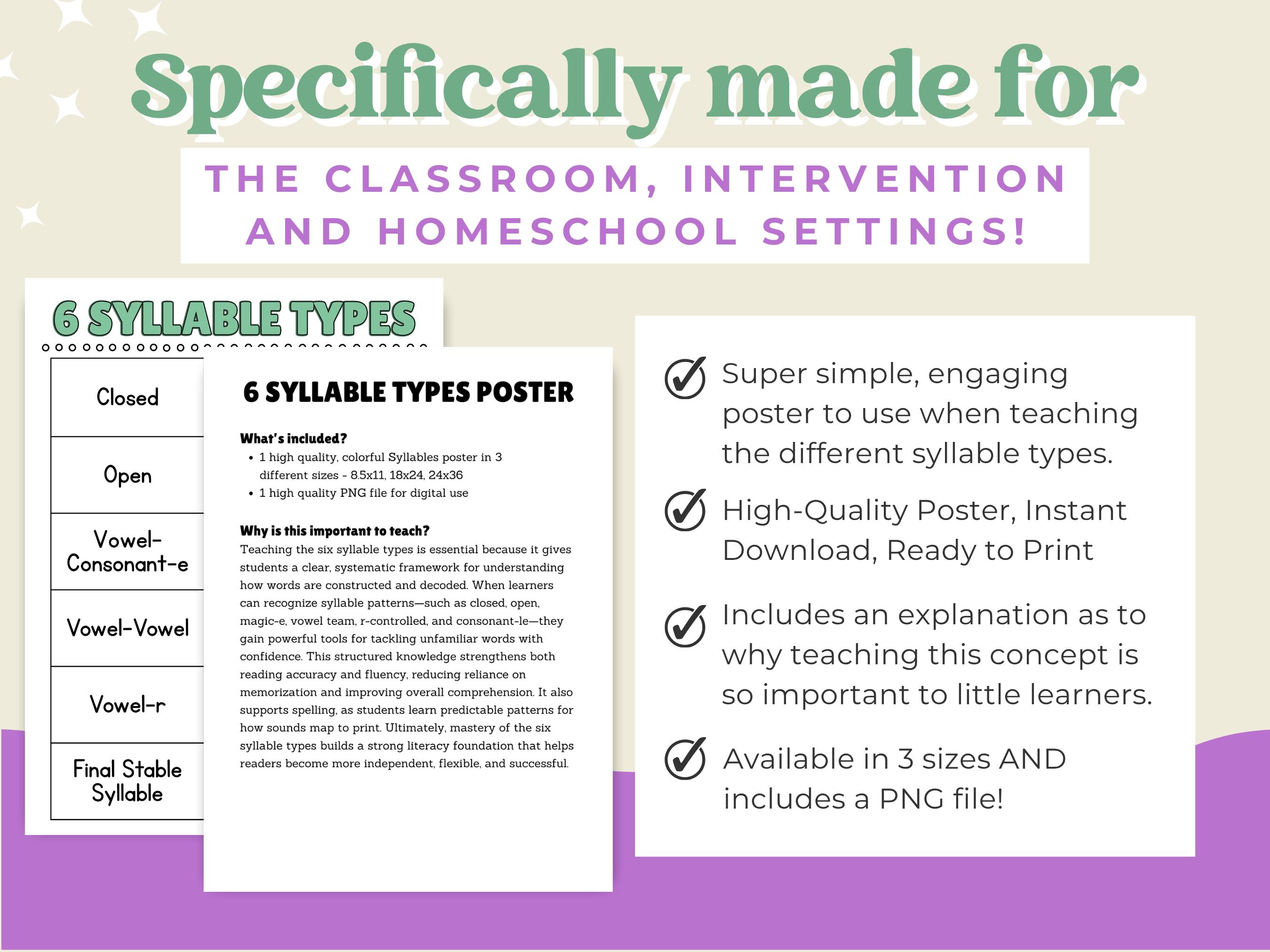 Six Syllable Types Poster | Structured Literacy Classroom Decor, Orton ...