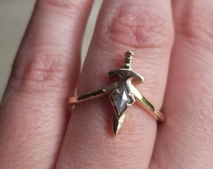 Dagger and Shield Midi Gold Ring With Salt & Pepper Diamond Shield ...