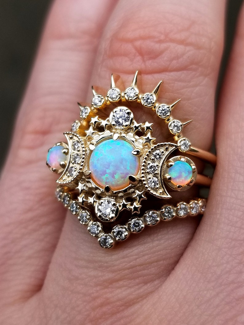 Cosmos Moon Engagement Ring 3 Ring Set With Lab Opals and - Etsy