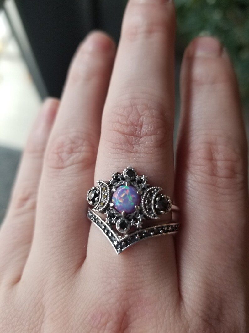 Purple Lab Opal Cosmos Moon Engagement Ring Set Sterling | Etsy