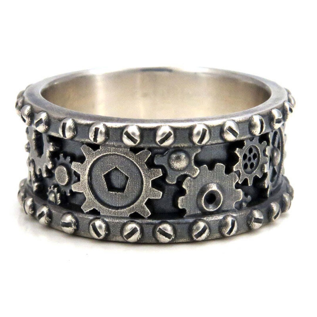 Mens Silver Gear Ring, Steampunk Industrial Cogs and Rivets Mens ...