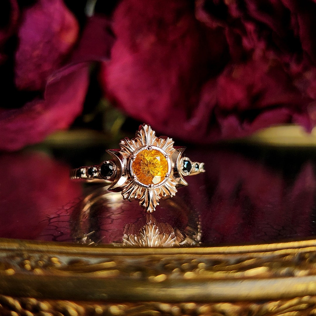 Spessartite Garnet Moon Fire Engagement Ring Orange Gemstone & Black ...