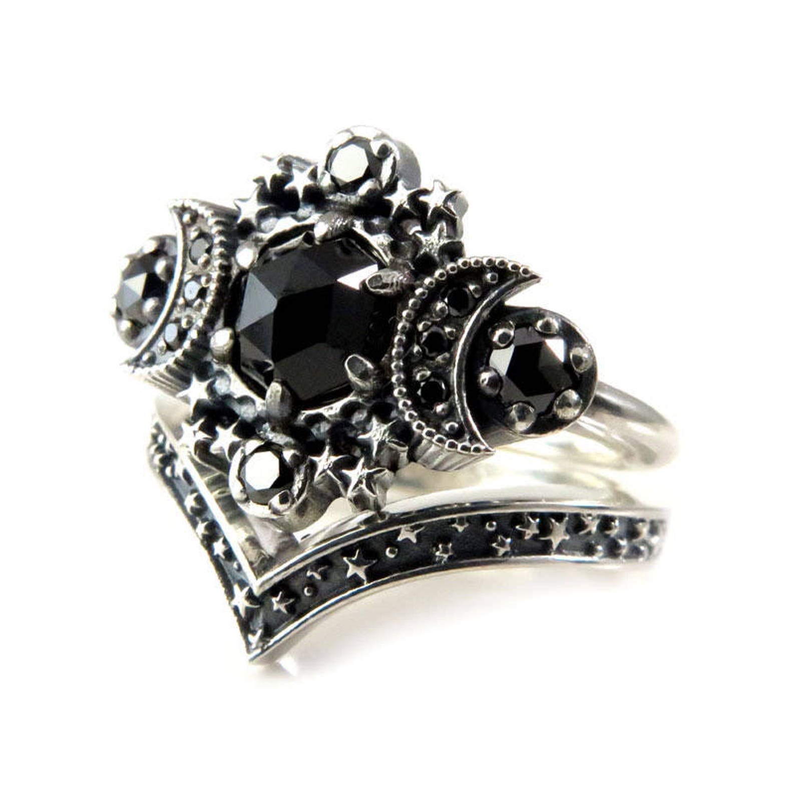 Gothic Cosmos Moon Engagement Ring Set Silver Moon and - Etsy UK