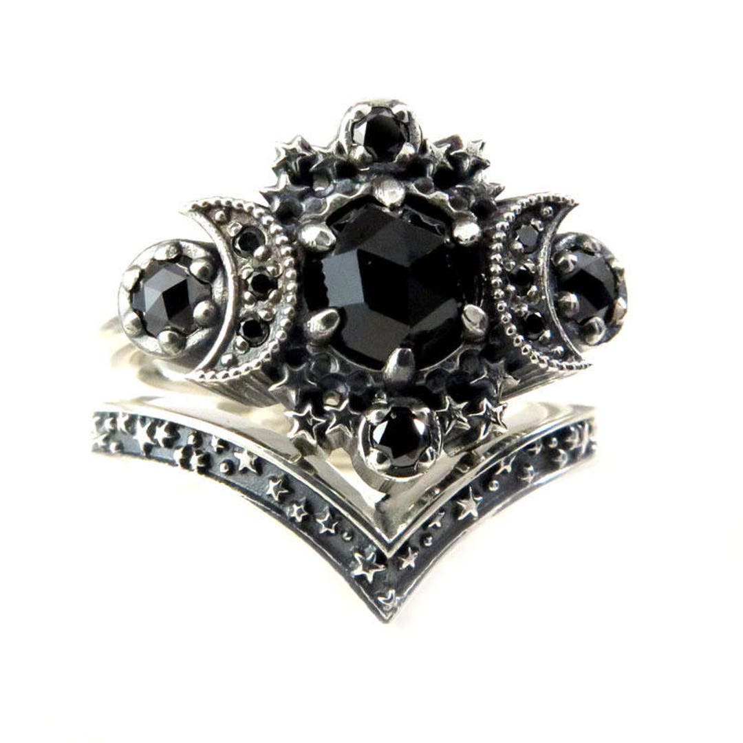 Gothic Cosmos Moon Engagement Ring Set Silver Moon and - Etsy UK